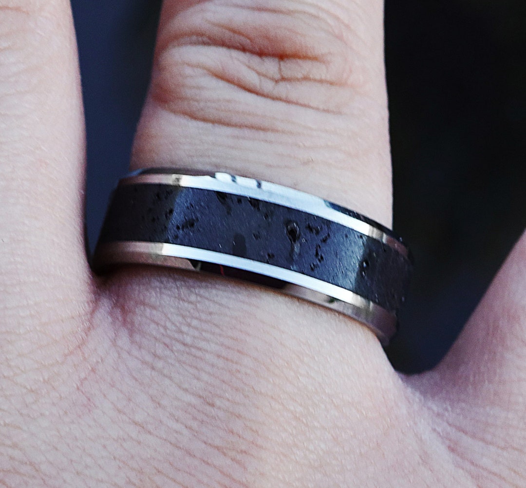 Personalized Black Lava Rock Tungsten Wedding Ring, Lava Rock Wedding ...