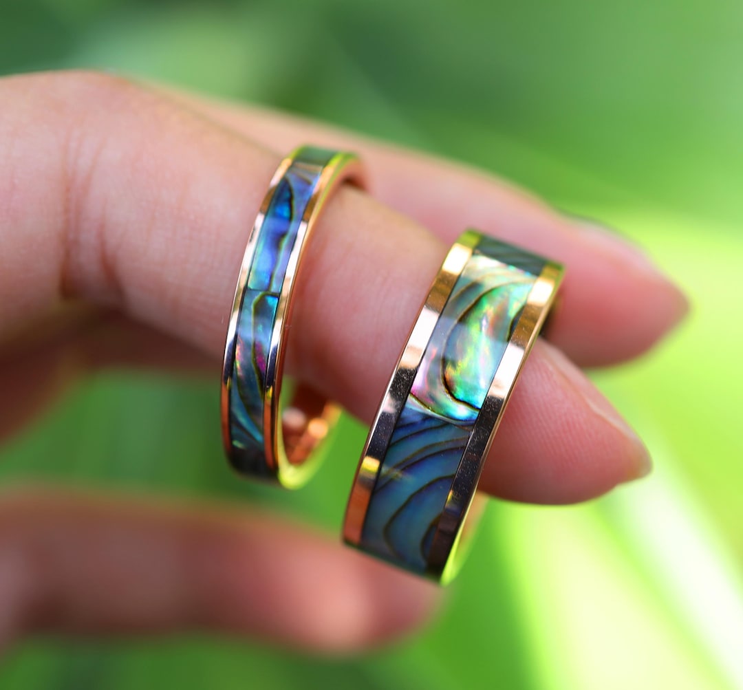 Abalone Matching Rings, Abalone Inlay Engagement Ring Set, Abalone ...