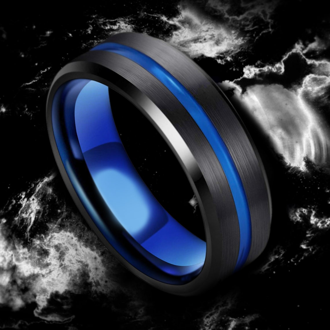 Thick Blue Groove Lines Tungsten Wedding Band Brushed Black - Etsy