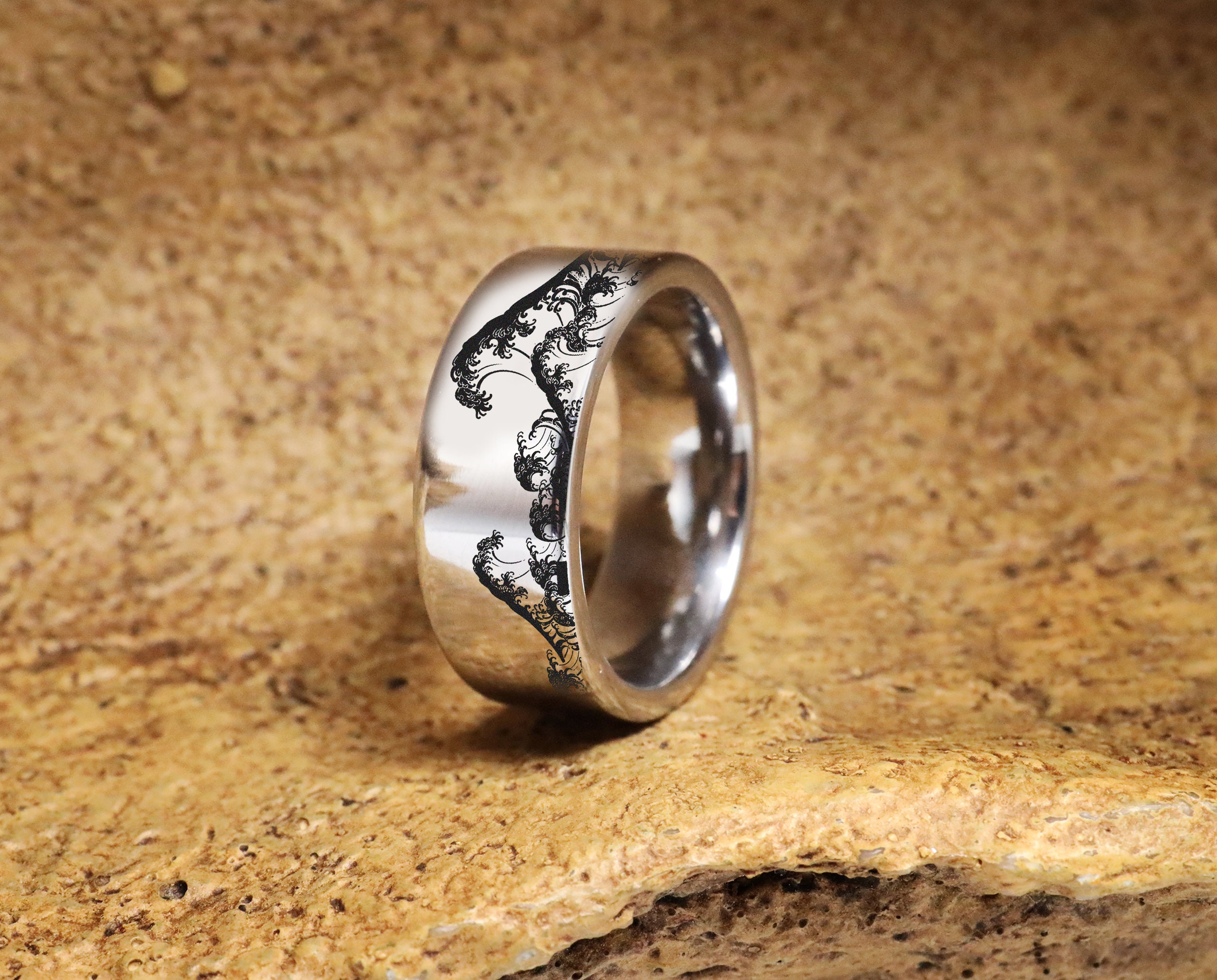 Wave Ring, Ocean Wave Ring, Beach Jewelry, 8mm Black Tungsten Wedding ...