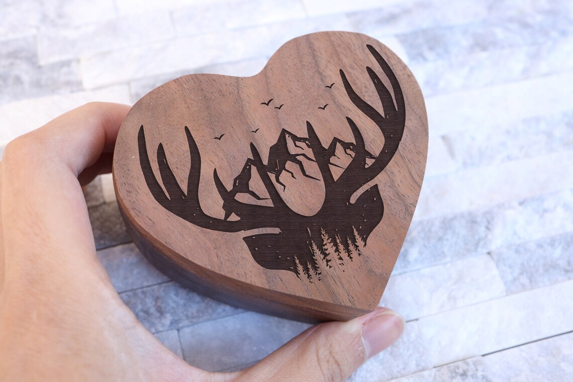 Deer Antler Engraved Ring Box, Deer Elk Mountain Wedding Ring Box ...