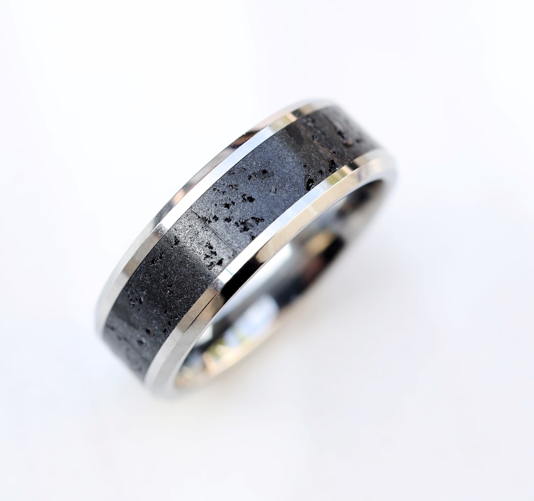 Black Lava Wedding Band, Lava Engagement Ring, Black Lava Rock Inlay ...