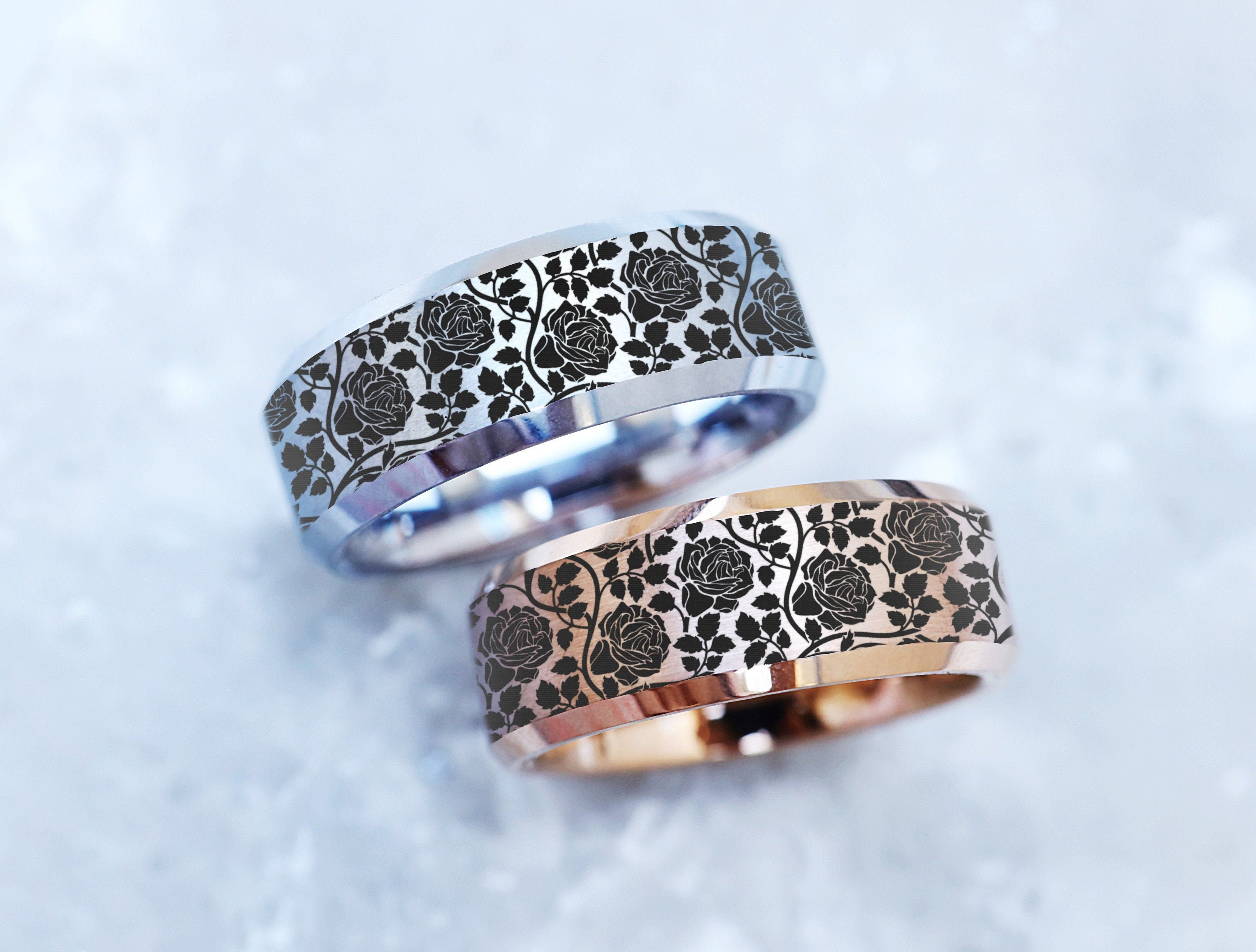 Rose Wedding Band Rose Engraved Wedding Ring Rose Floral - Etsy