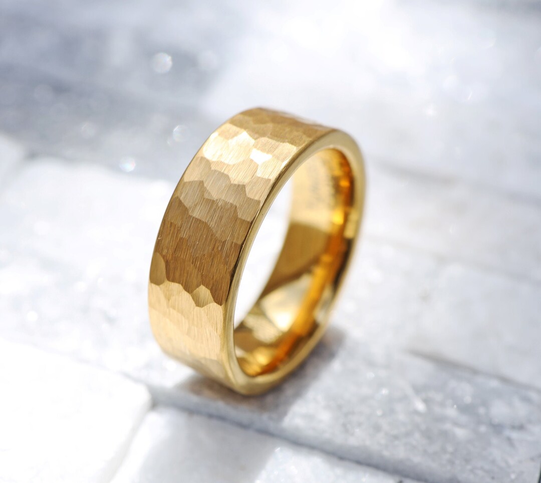 Hammered Gold Brushed Tungsten Ring Men Women Wedding Band 8MM Classic ...