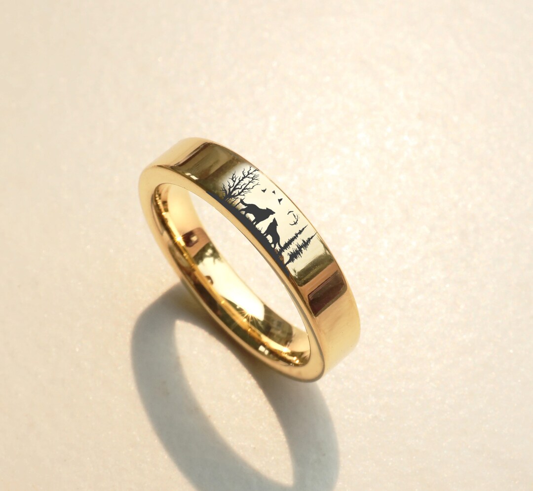 Howling Wolf Wedding Band, Howling Wolves Engagement Ring, Wolf Ring ...
