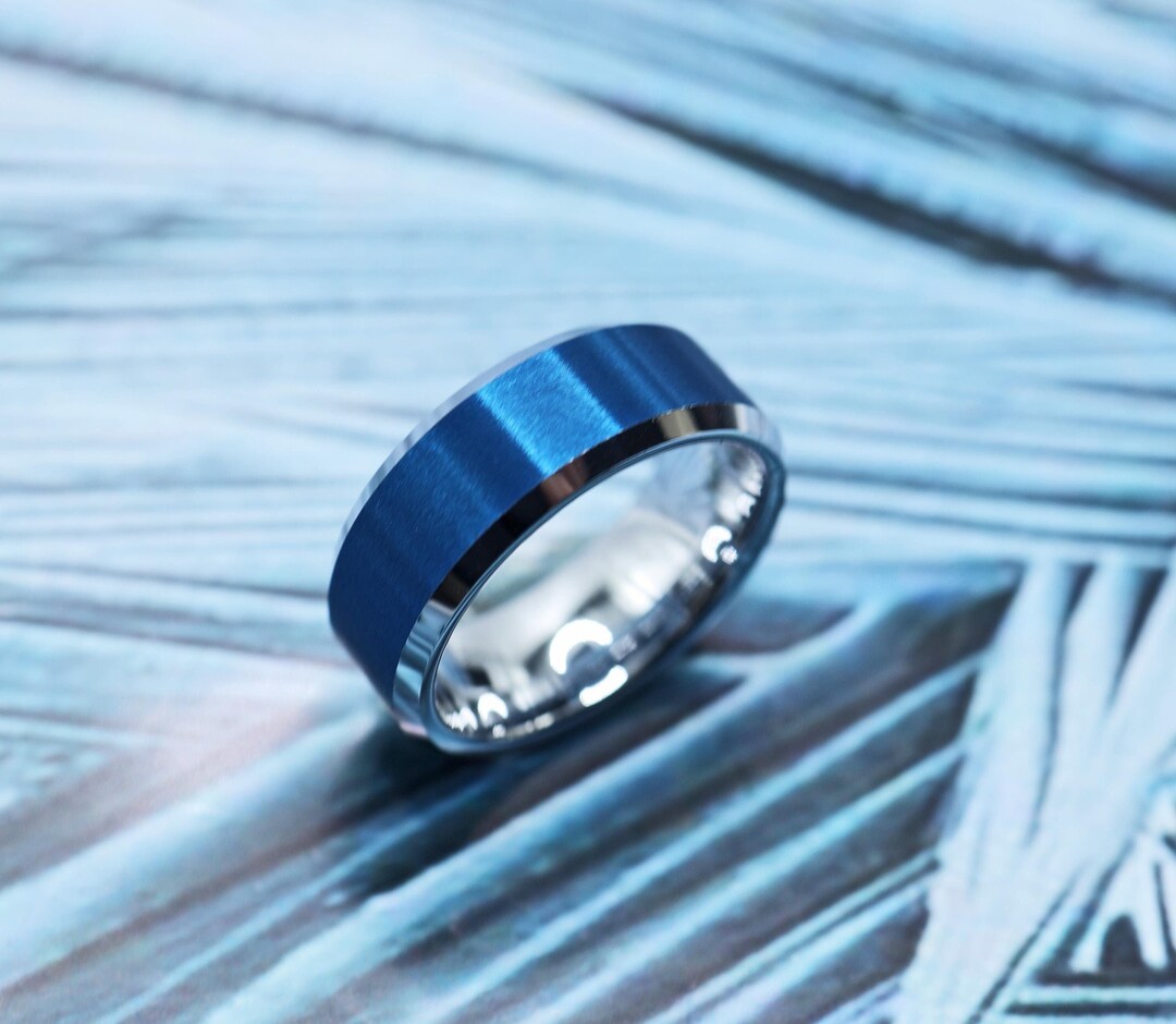 Men's Tungsten Blue Wedding Band, Blue Beveled Personalized Ring ...