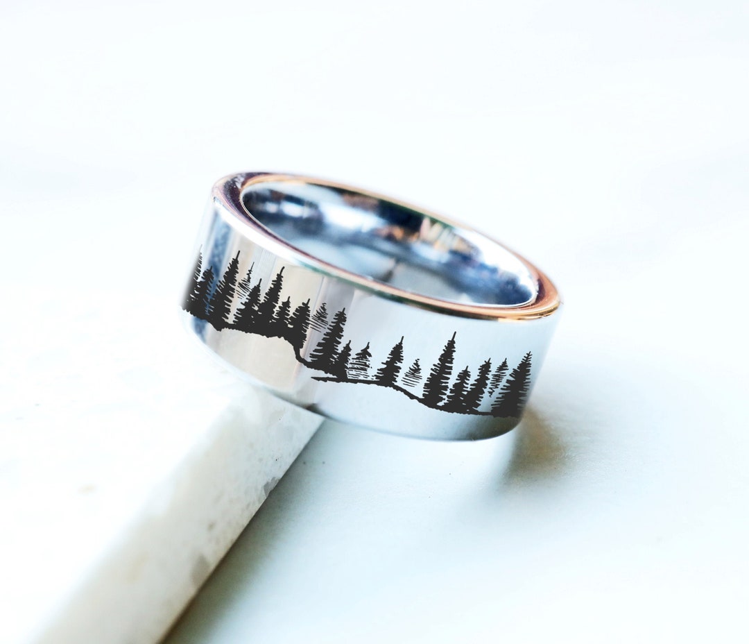 Pine Tree Wedding Ring, Engraved Nature Proposal Ring, Personalized ...