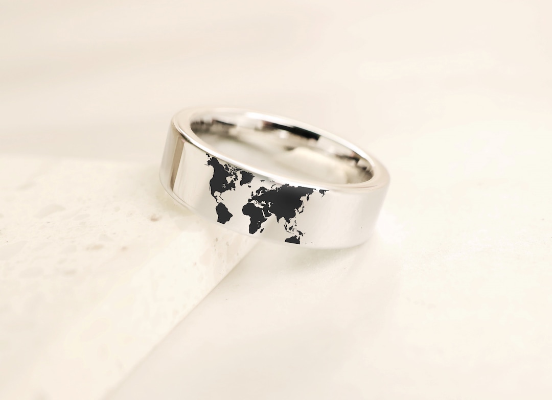 World Map Wedding Band, Traveler Engagement Ring, Adventure Wanderlust ...