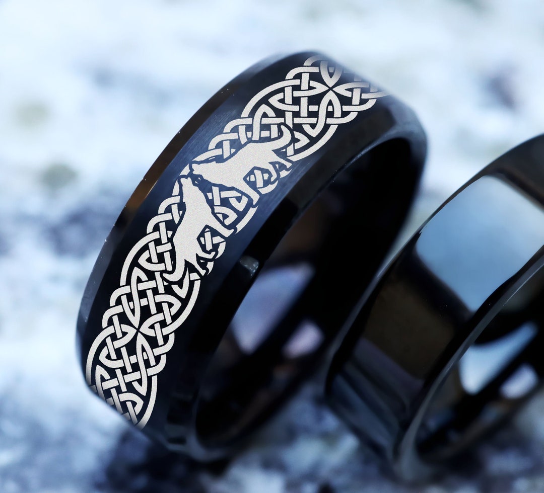 Celtic Knot and Howling Wolves Wedding Ring, Black Wolf Wedding Band ...