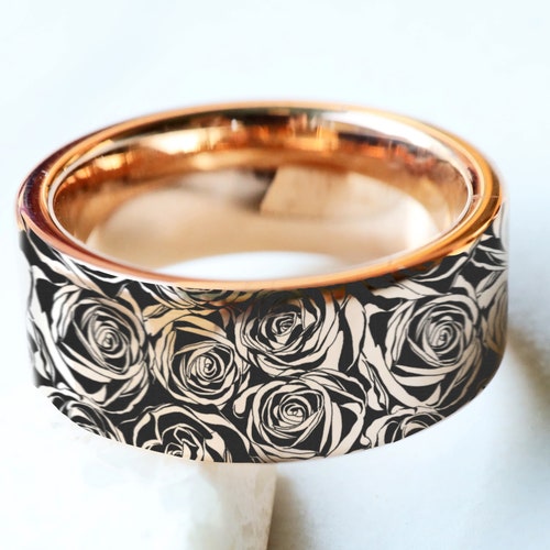 Rose Wedding Band Rose Engraved Wedding Ring Rose Floral - Etsy