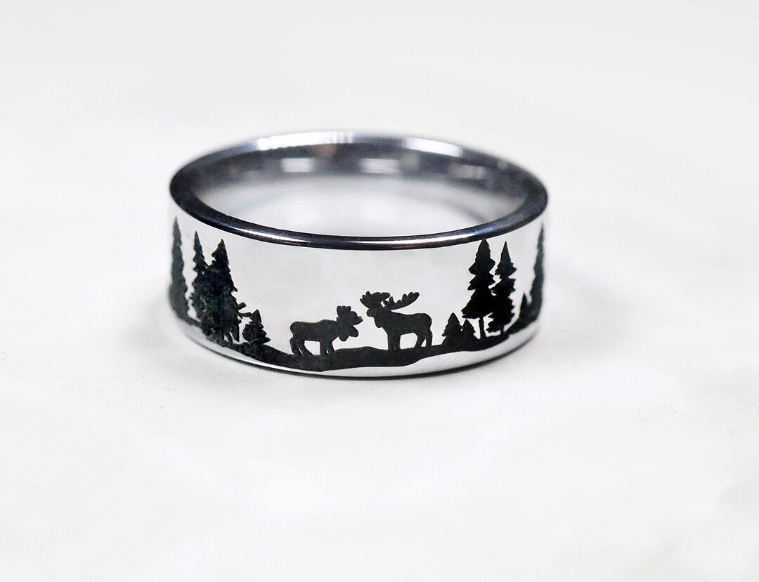 Moose Wedding Ring, Mountain Nature Engagement Ring, Adventure Hiker ...