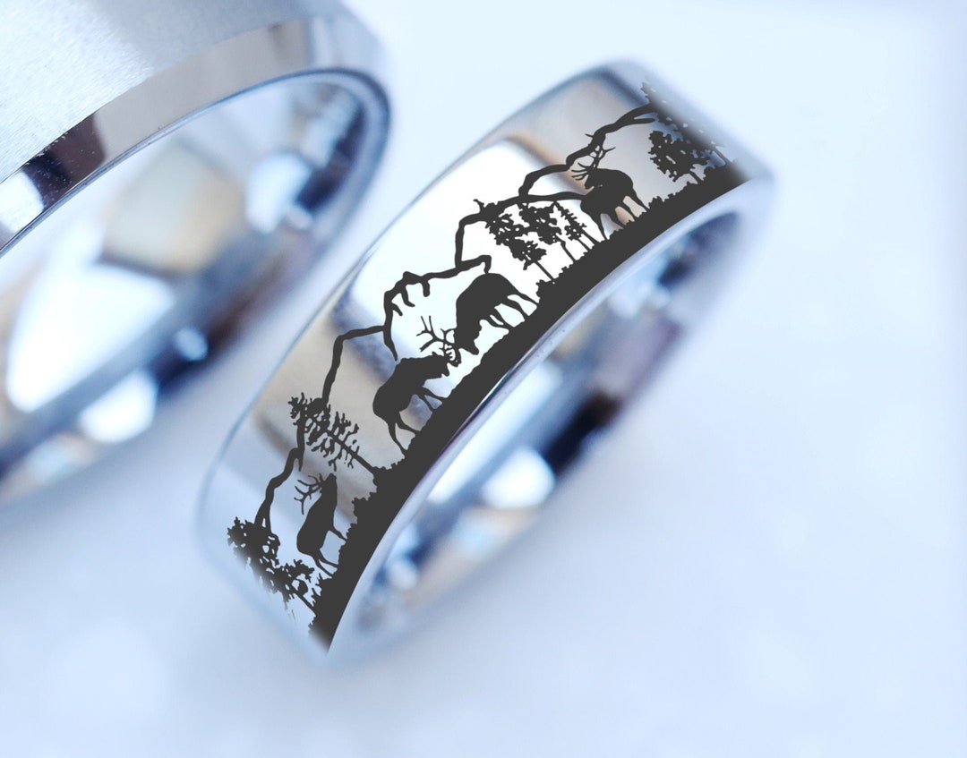 Moose Wedding Ring, Mountain Nature Engagement Ring, Adventure Deer ...