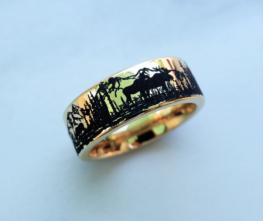 Moose Wedding Ring, Mountain Nature Engagement Ring, Adventure Hiker ...