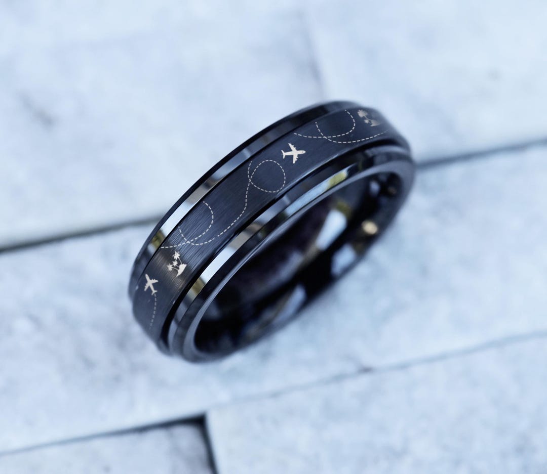 Black Airplane Engraved Wedding Band, Traveler Engagement Ring, Solo ...