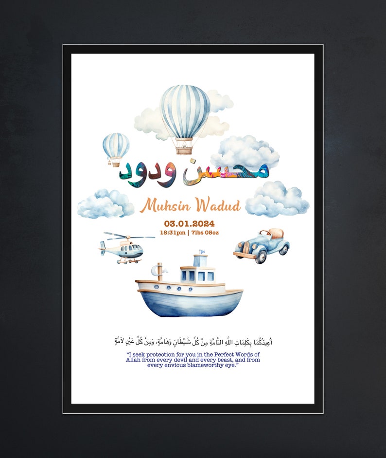 Islamic New Born Baby Boy Print, Personalised Gift, Nursery Birth Print ...