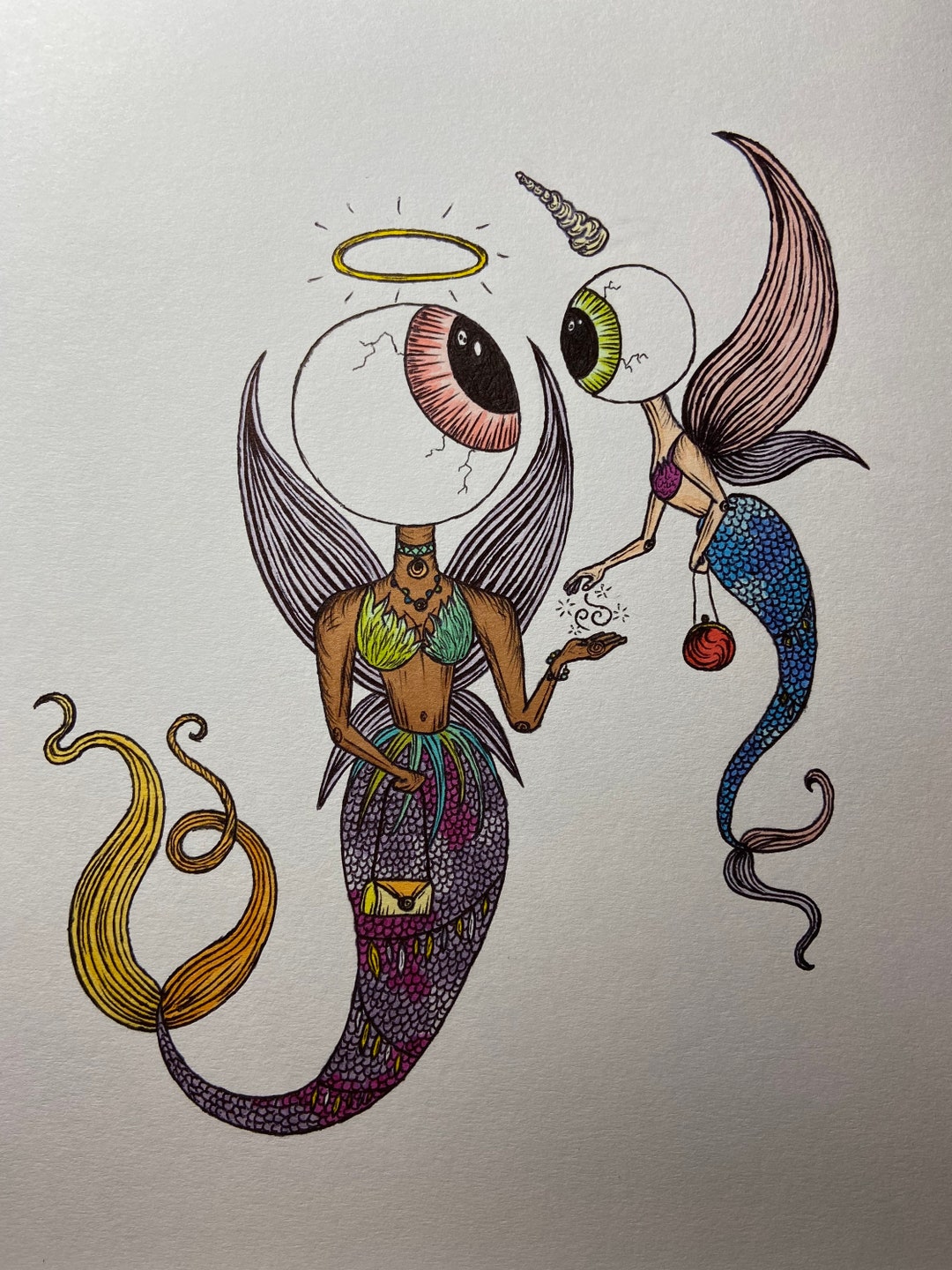 Two Eyeball Mermaids Colourful Art Print, Intricate Mermaids Print, Two ...