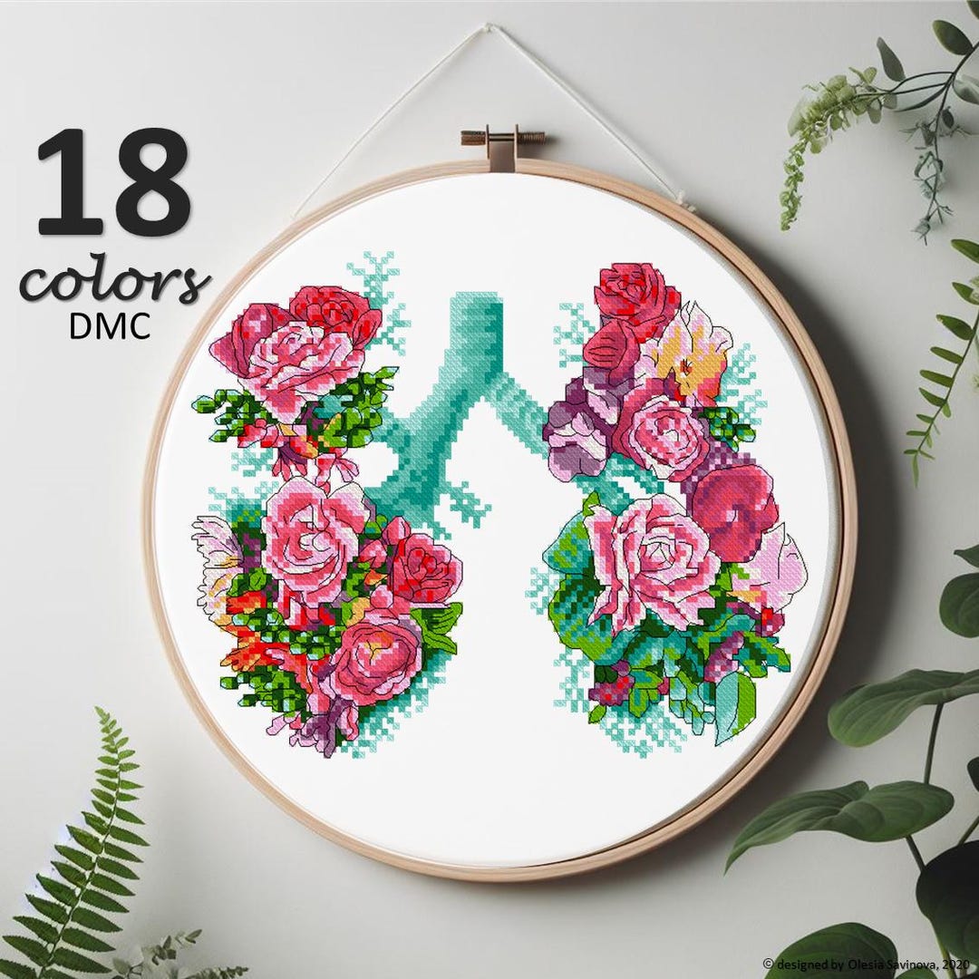 Modern Cross Stitch Pattern Chart, Instant Download Pdf, Floral Lungs ...