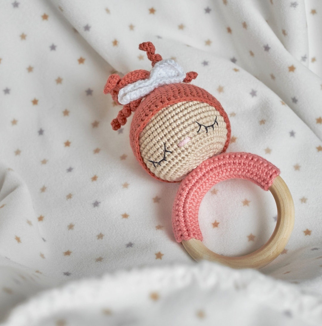 Liitle Girl Ring Rattle Plush Crochet English Pattern Baby Ring Rattle ...