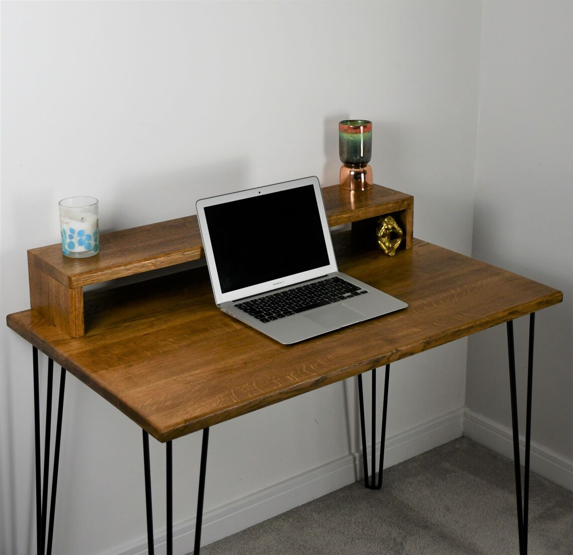Solid Oak Desk With Monitor Shelf Racton Solid Wood Desk With - Etsy UK