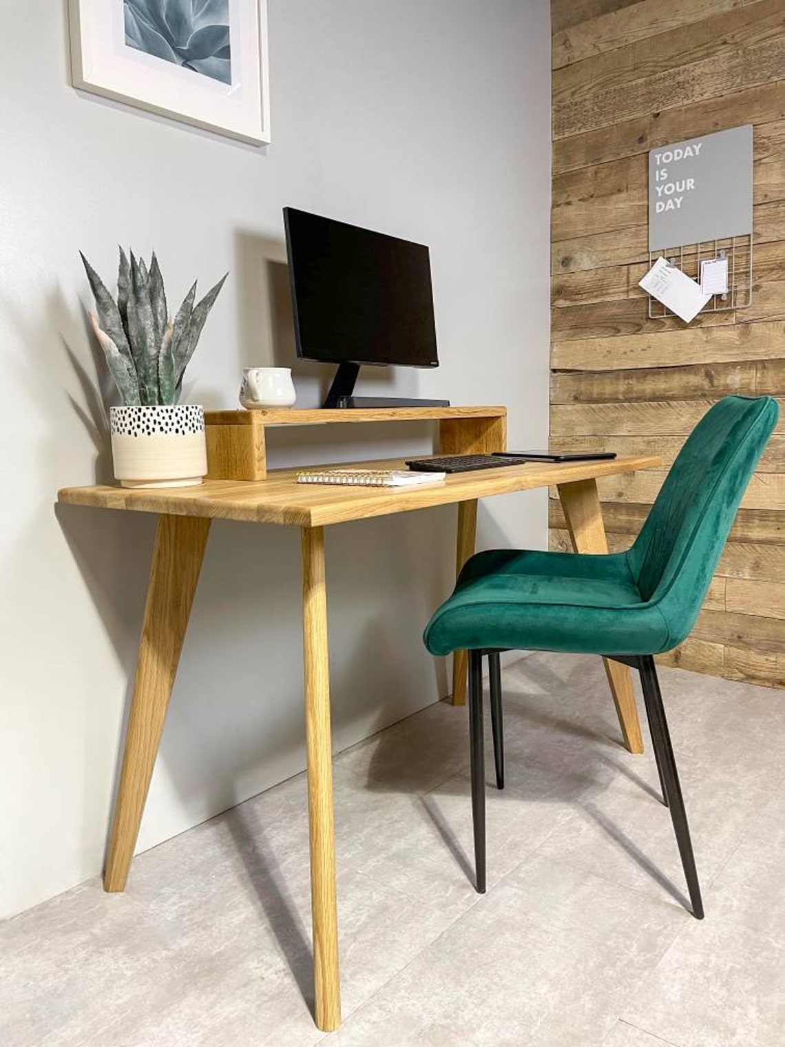 Compton Solid Oak Desk With Monitor Shelf- Contemporary Industrial Desk ...