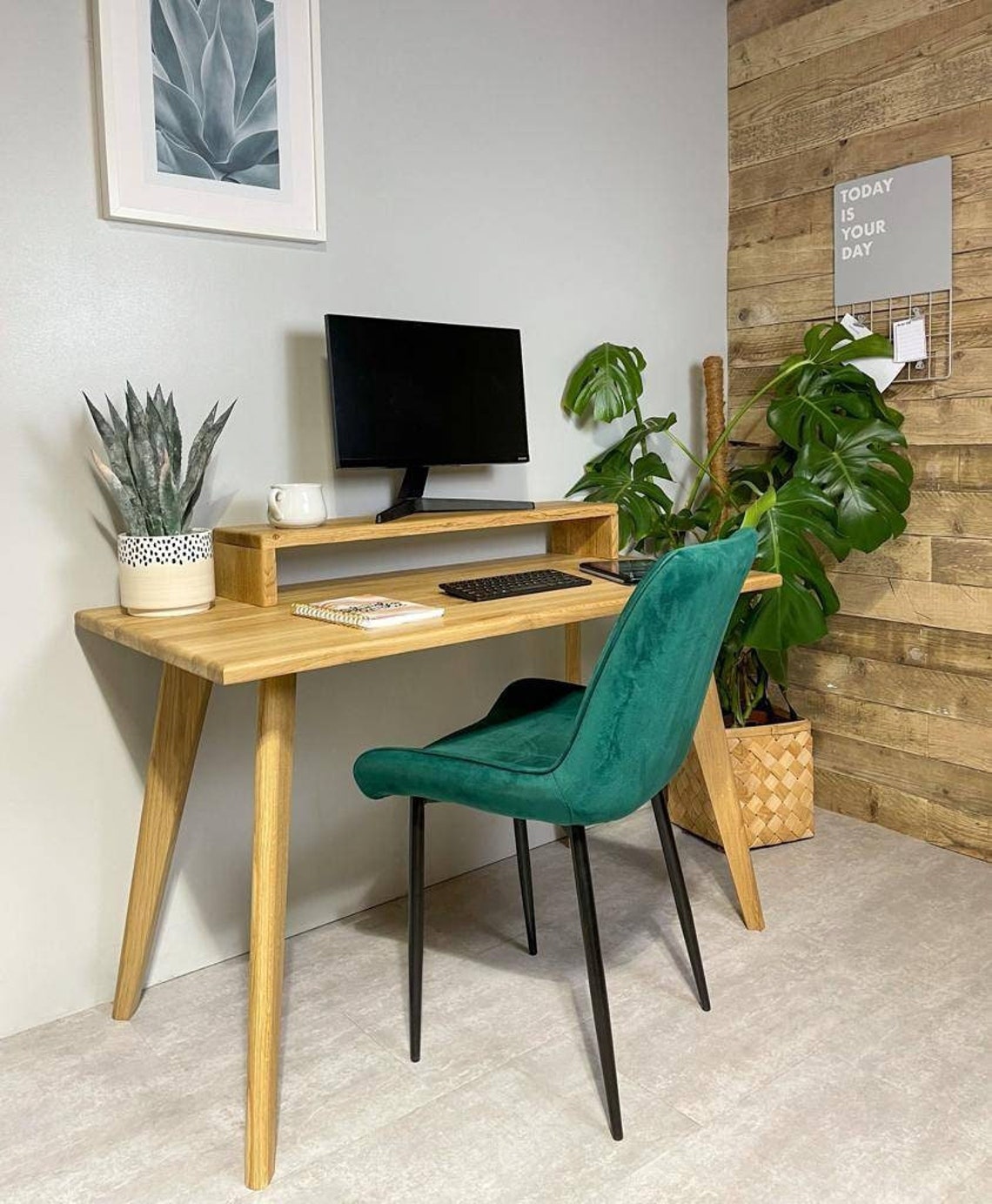 Compton Solid Oak Desk With Monitor Shelf Contemporary | Etsy