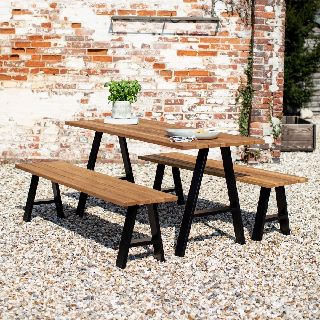 Solid Oak Outdoor Dining Table and Benches Garden Furniture - Etsy