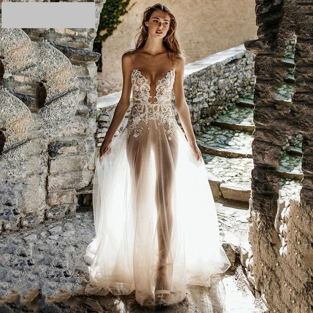 Sexy See Through Wedding Dress, Scoop Neck Sleeveless Backless Bridal ...