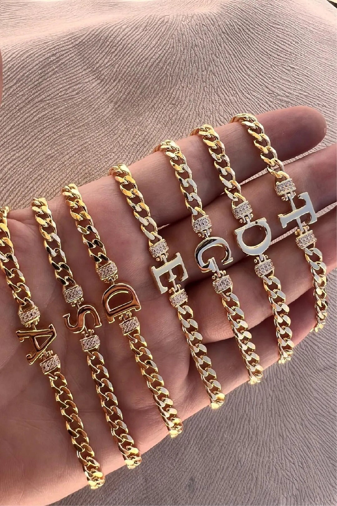 925 Sterling Silver Gold Letter Initial Bracelet, Gourmet Chain Letter ...