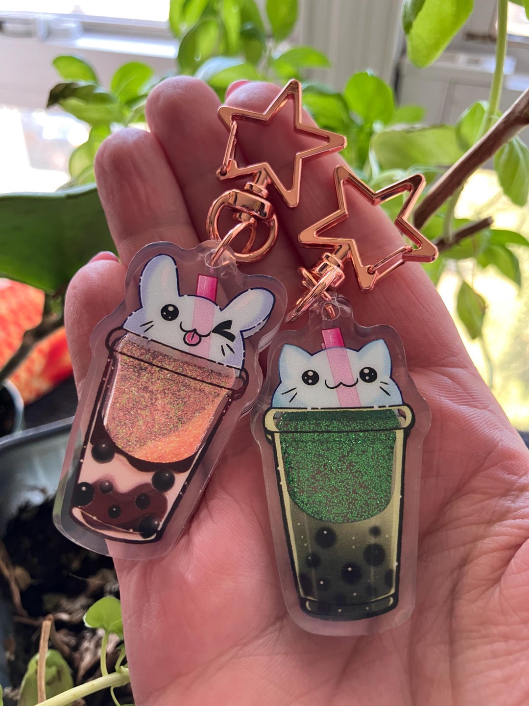 Bunny and Kitty Glitter Boba Keychains - Etsy