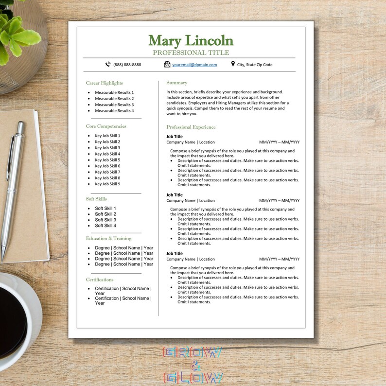 Professional Cover Letter Mary Style Green Resume & CV - Etsy