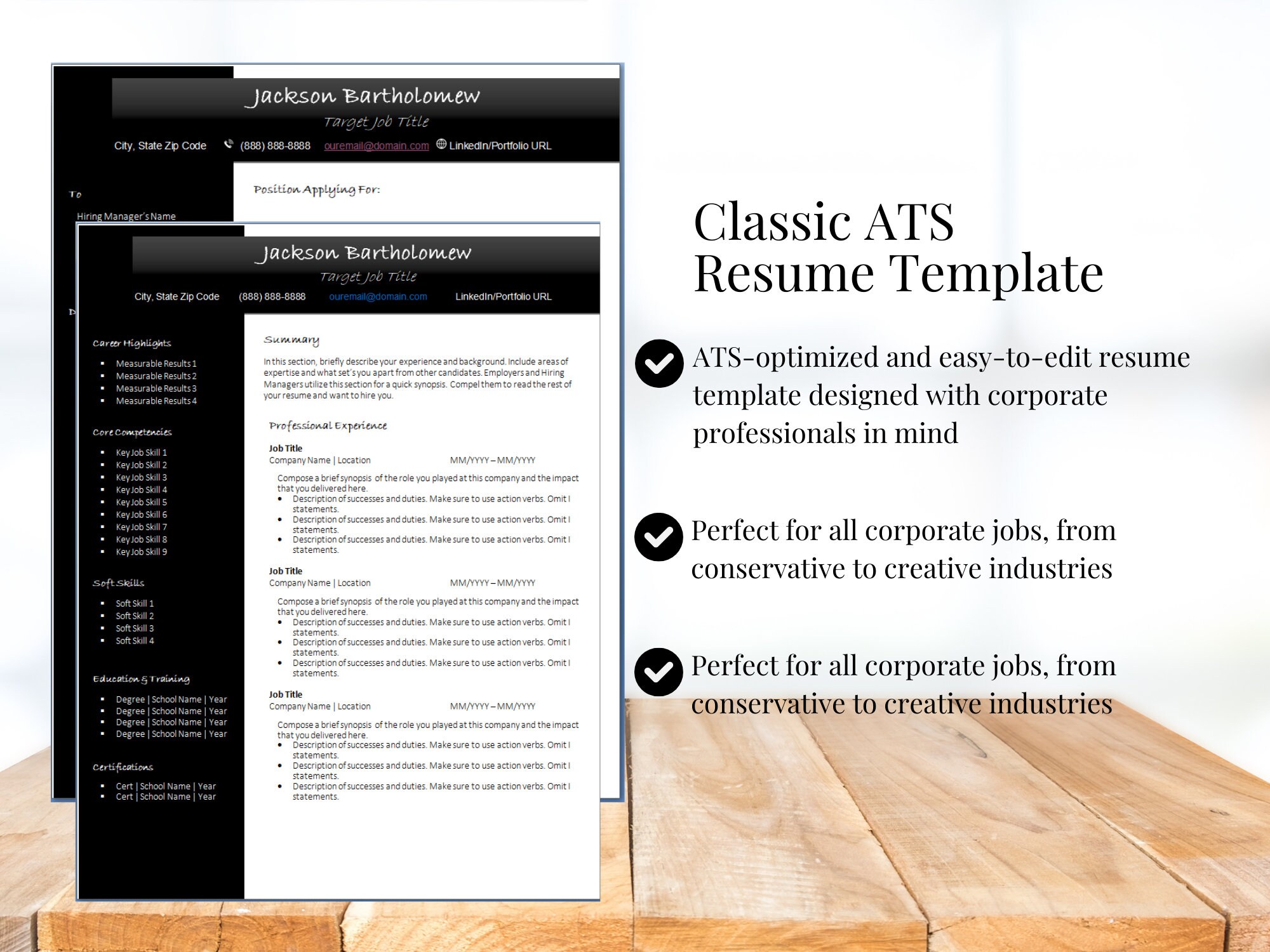 Jackson Black Resume & CV Template, Reference Sheet, Resume for Word ...