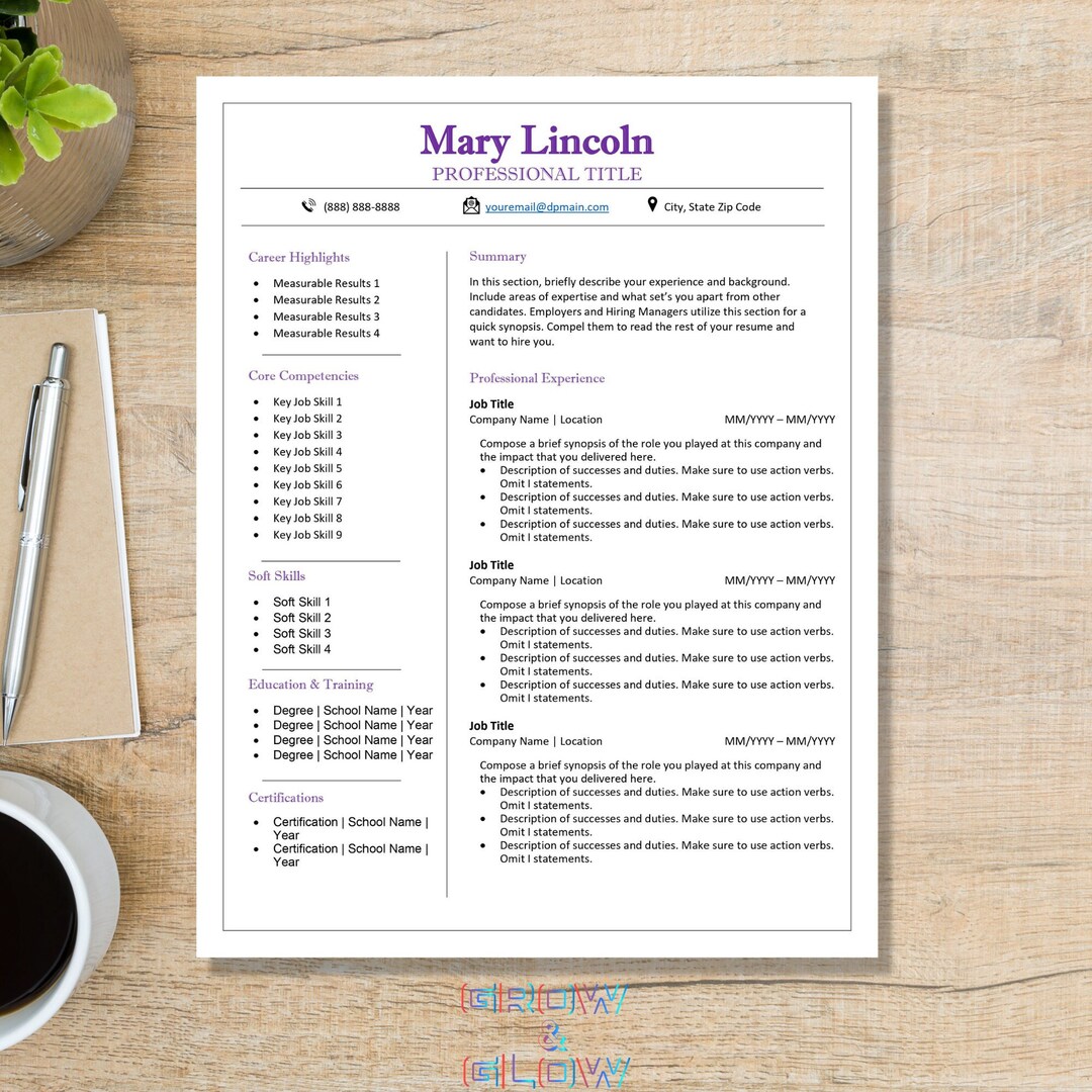 Mary Purple Instant Digital Download, Simple Resume Template, Cover ...