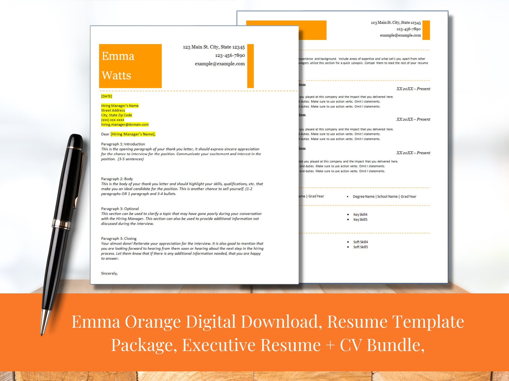 Emma Orange Digital Download, Resume Template Package, Executive Resume ...