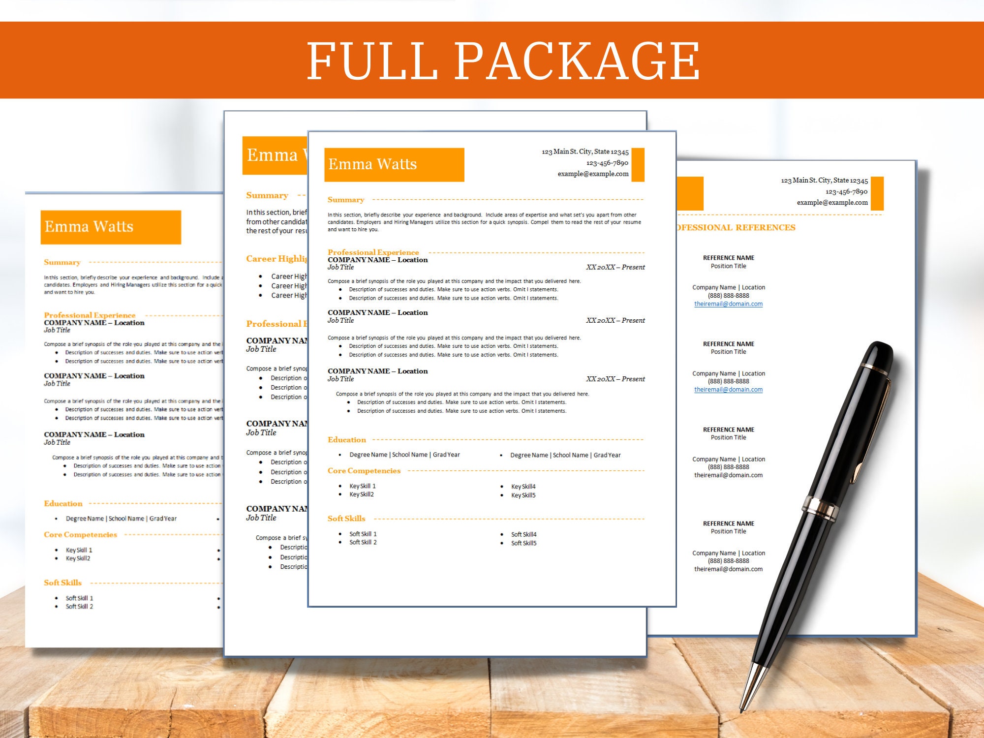 Emma Orange Digital Download, Resume Template Package, Executive Resume ...