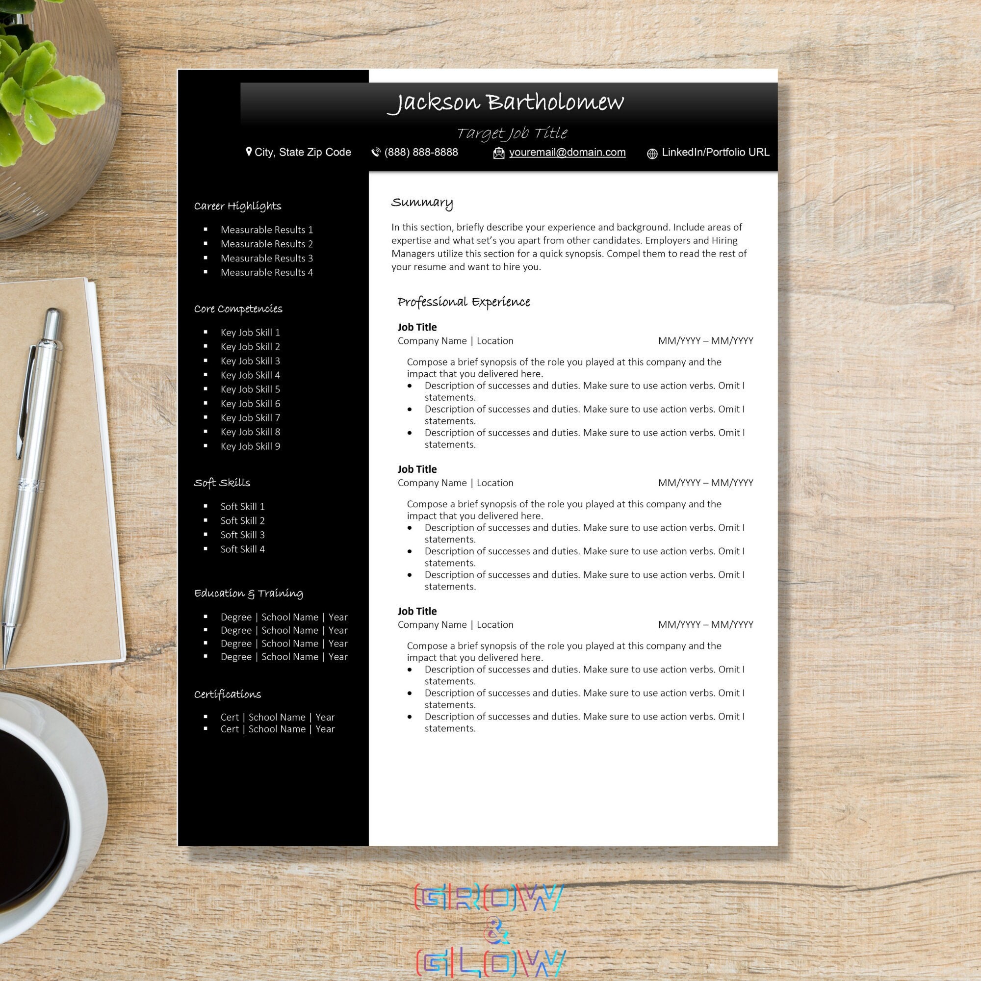 Jackson Black Resume & CV Template, Reference Sheet, Resume for Word ...
