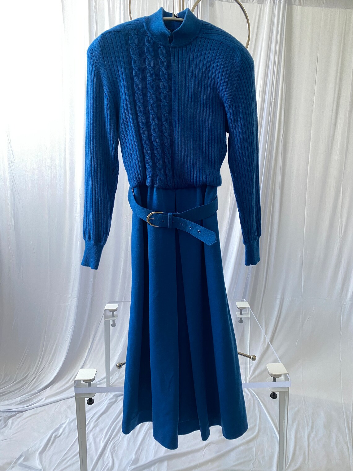 80s Cobalt Blue Belted Knit Dress - Etsy