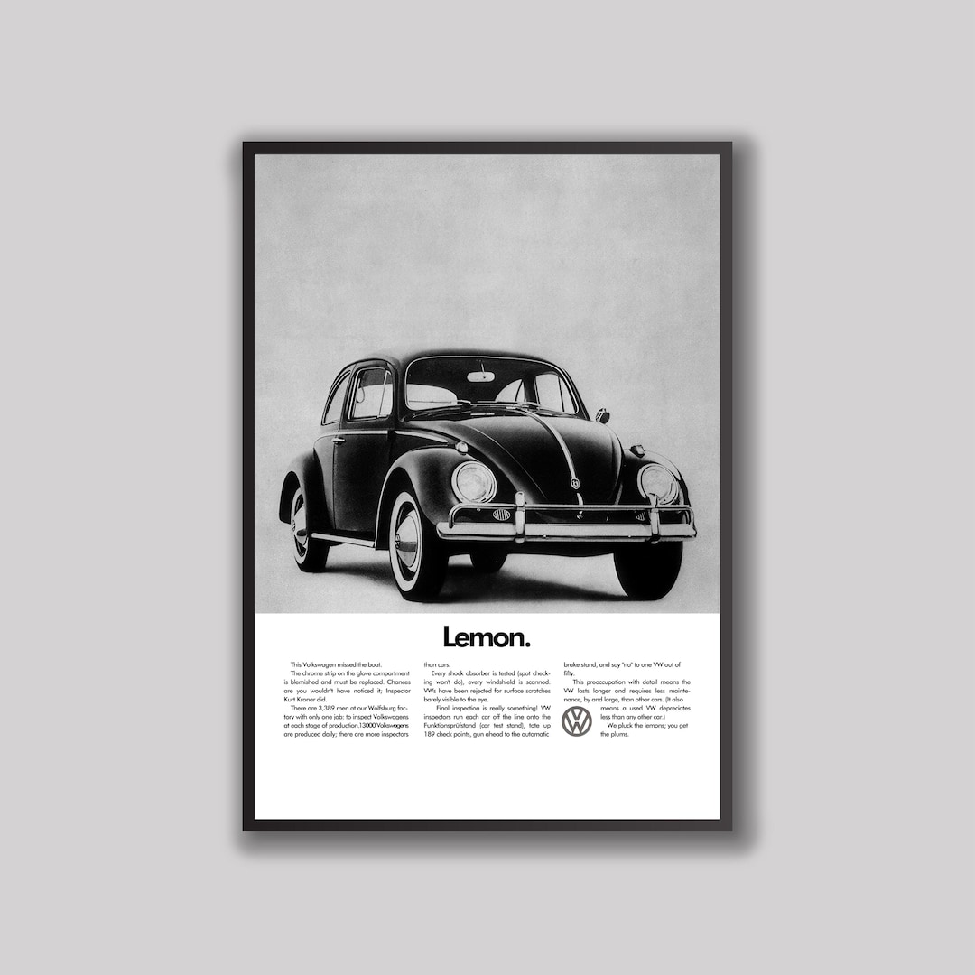 Volkswagen 1960 lemon Advertising Poster, Car Advert, 90s Style Print ...