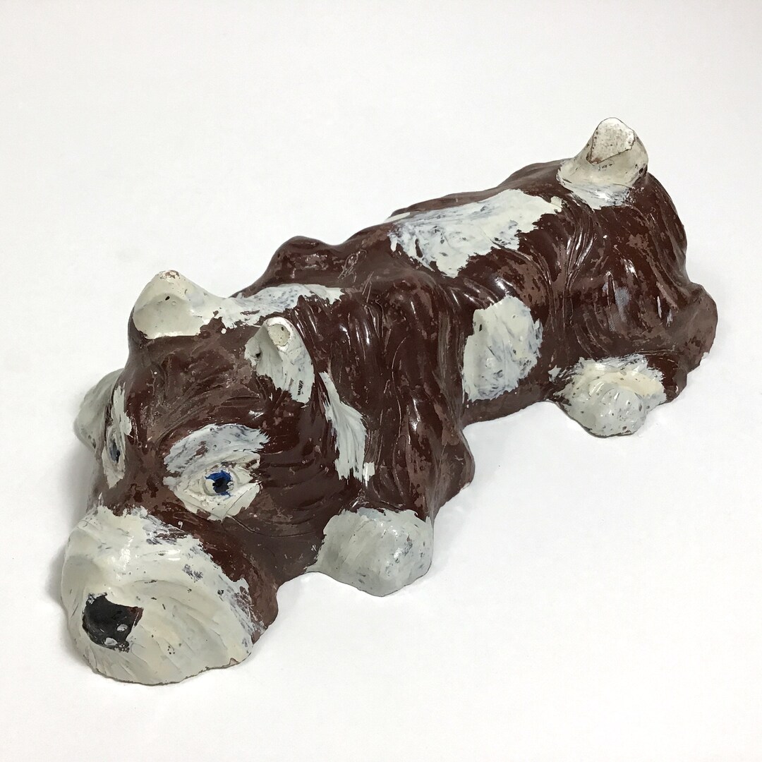 Vintage Terrier Dog Plaster Figurine Brown & White Resting Sleepy Dog ...
