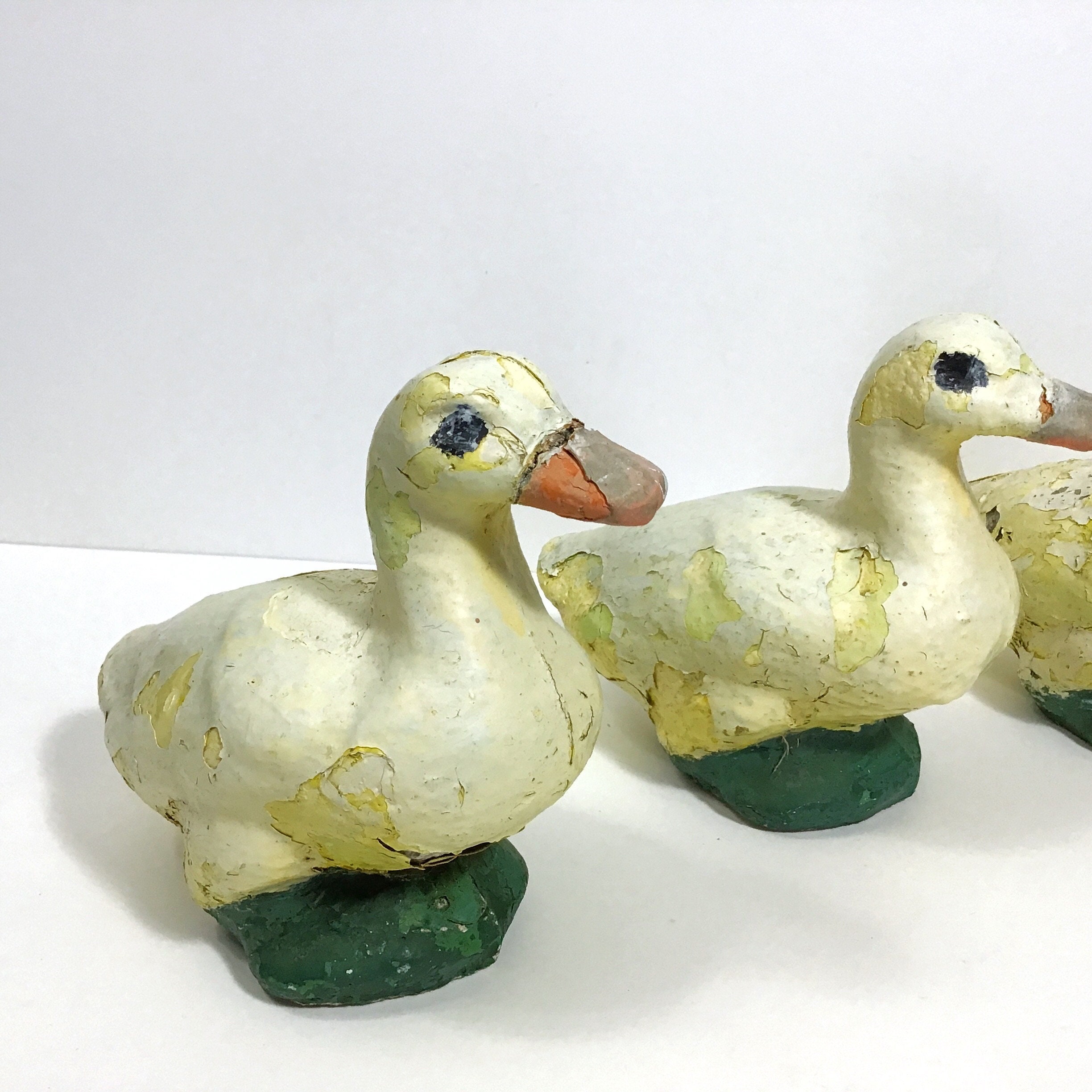 3 Vintage Concrete Ducks W/ Hand-painted Yellow Chippy Paint Set of ...