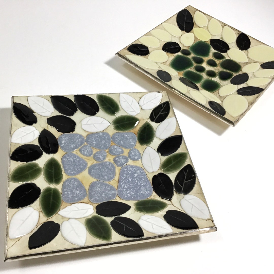 2 MCM Leaf Pattern Mosaic Tile Trays - Small Square Trinket Tray ...