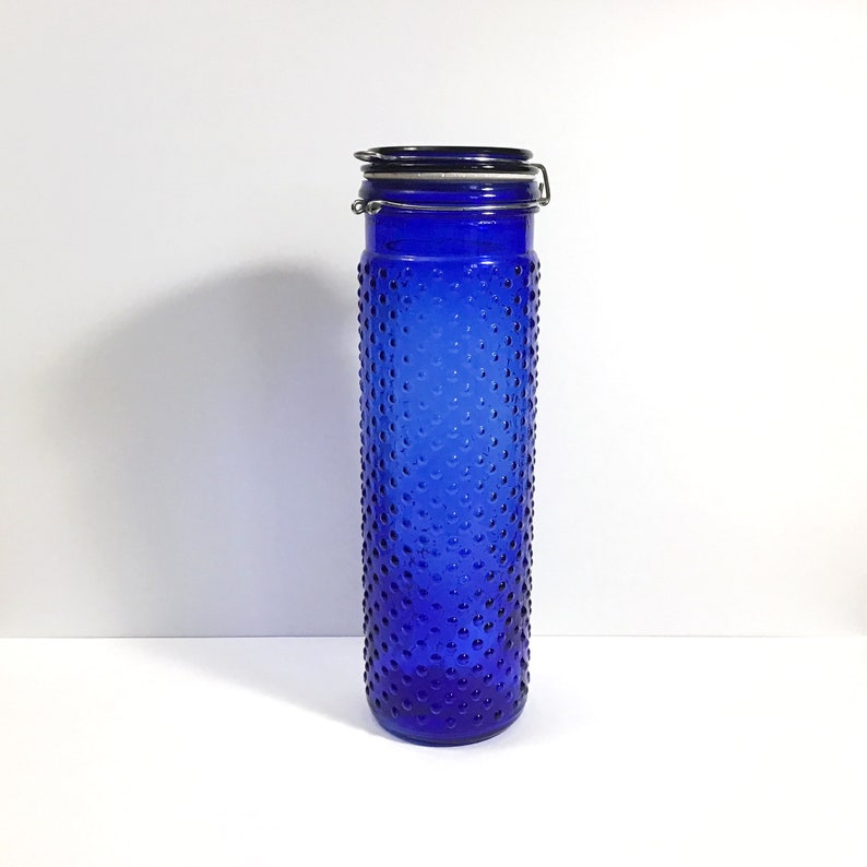 Large Vintage Cobalt Blue Hobnail Glass Canister W/ Bail Lid 13 Inch ...