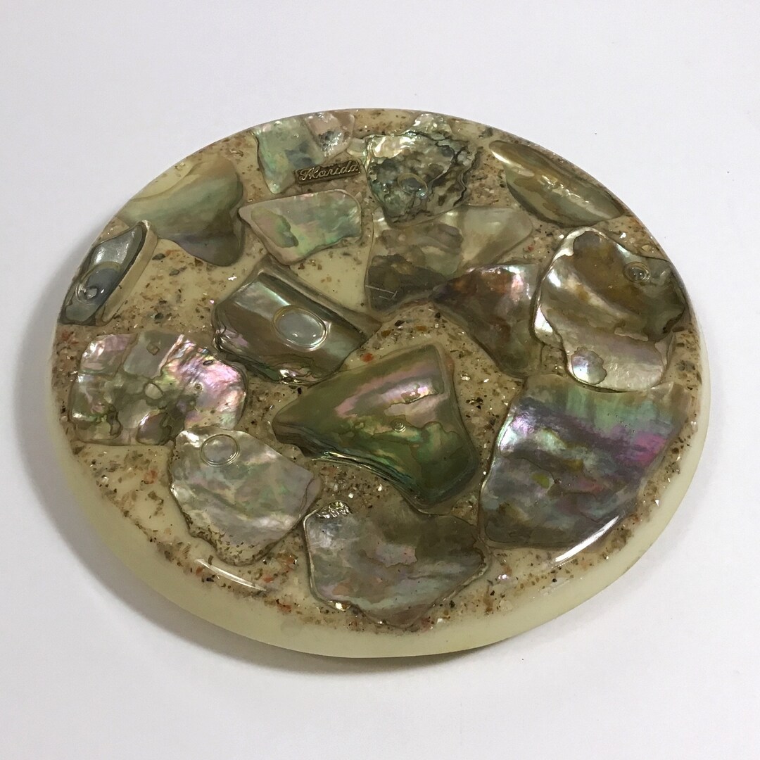 Mid-century Florida Souvenir Trivet - Abalone Shell, Glitter & Lucite ...