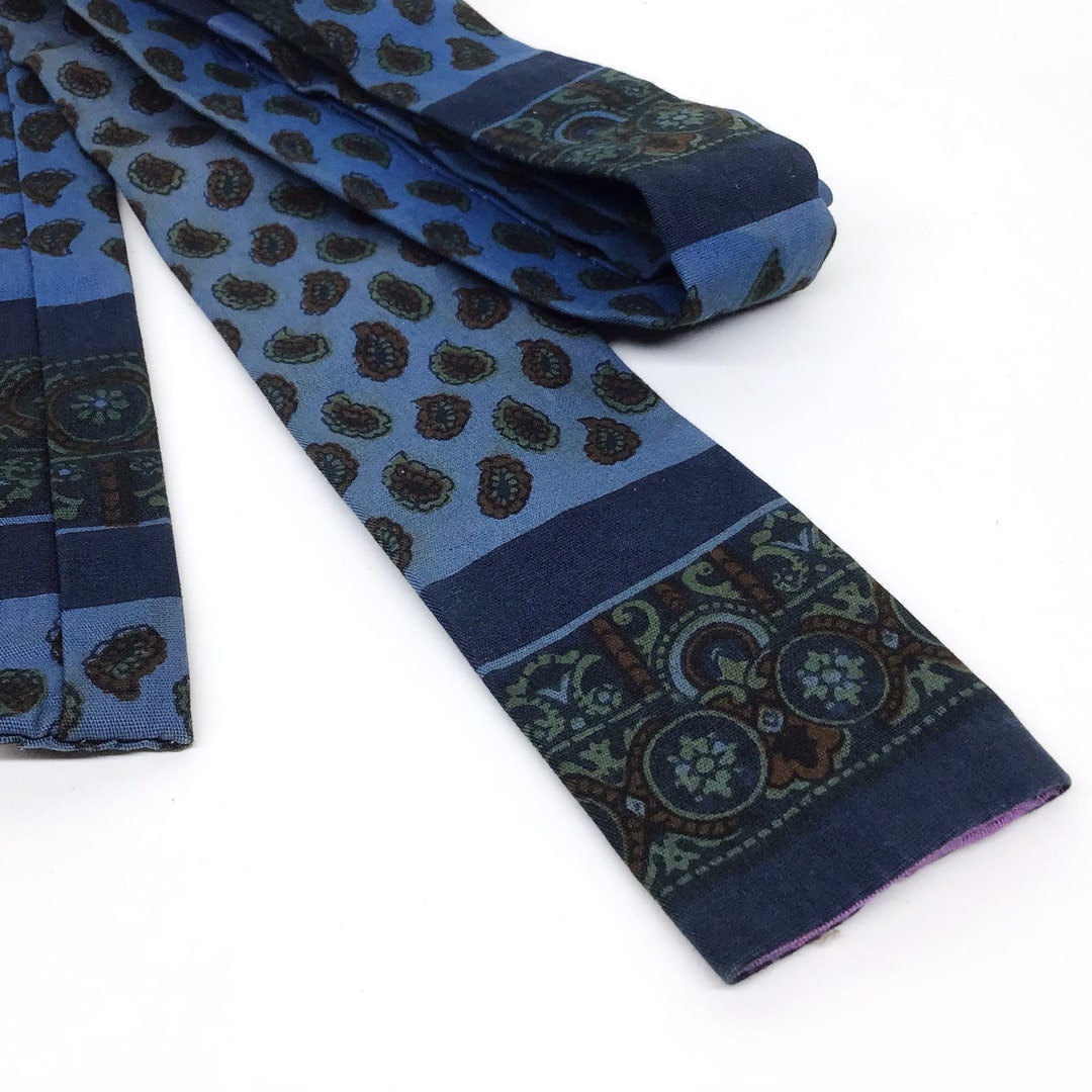 Vintage 1960s Rooster Tie Hand Printed by Sun Fabrics Blue Green Orange ...