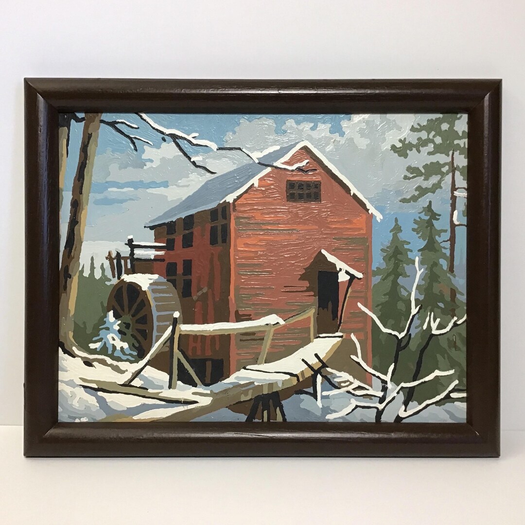 1960s Craft Master “mill” Paint by Number - Framed Winter Landscape W ...
