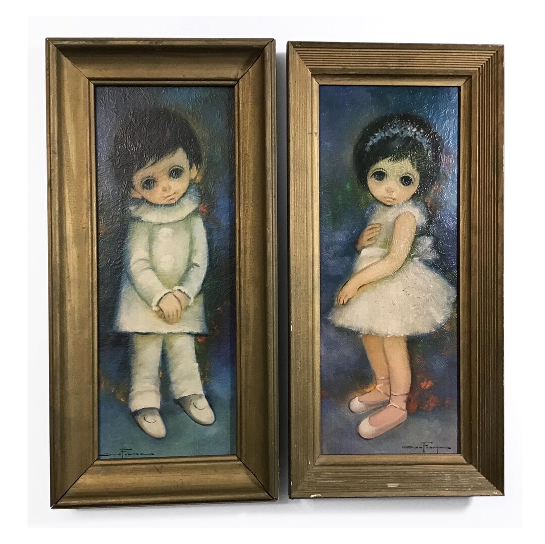 Vintage Big Eyed Girl & Boy Art by Ozz Franca - 1960s Framed Litho ...