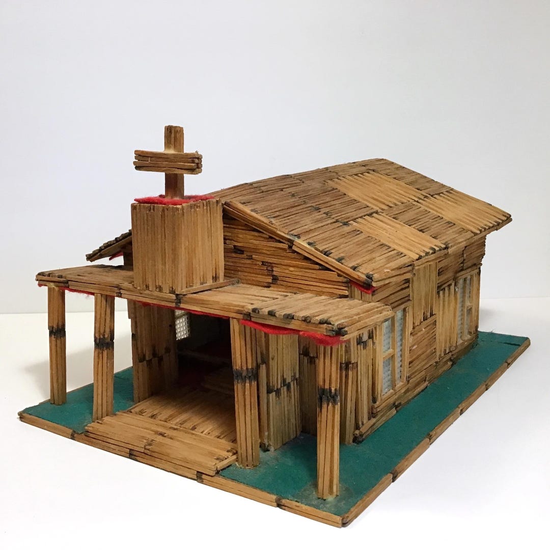Vintage Tramp Art Lighted Matchstick Church - Mid-century Folk Art ...