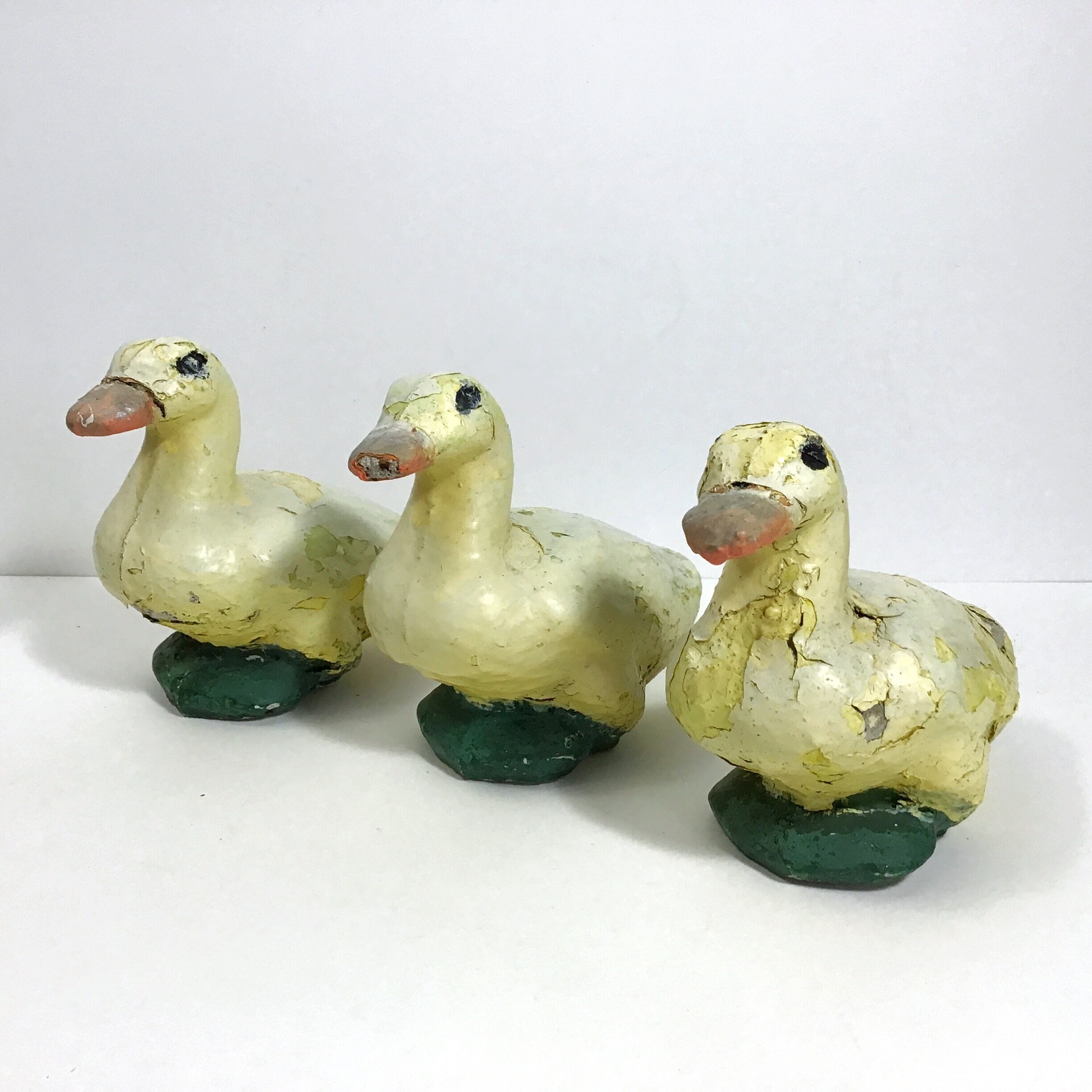 3 Vintage Concrete Ducks W/ Hand-painted Yellow Chippy Paint Set of ...