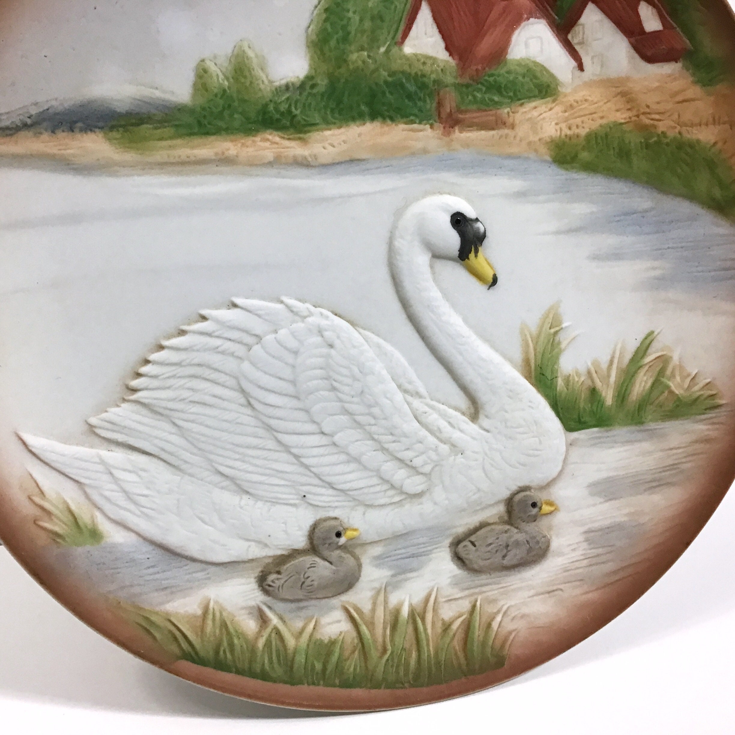 Vintage 1970s Homco Swan and Cygnets Plate - Hand-painted Bisque ...