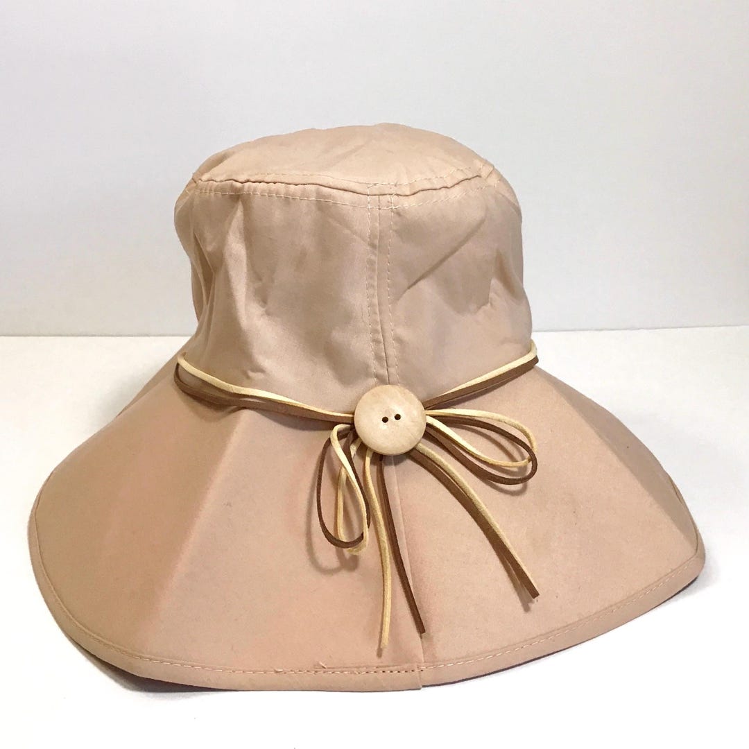 Retro Dusty Pink Sun Hat W/ Faux Leather Trim & Wood Button - Floppy ...