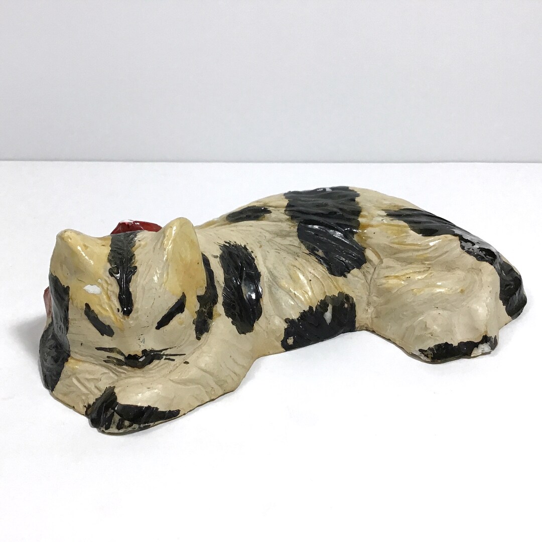 Vintage Sleeping Cat Plaster Figurine Black & White Cat With Red Bow ...